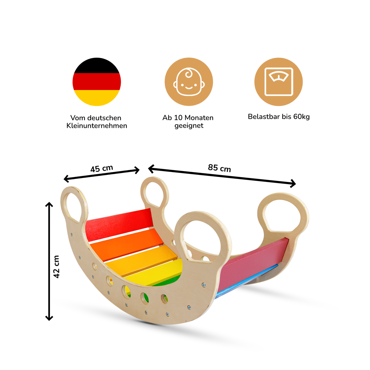 Paraninos Wippe/Balancewippe Regenbogenfarben mit Kissen rot/blau/gelb